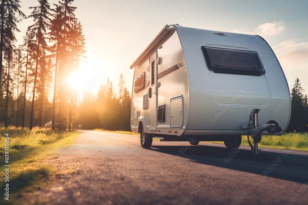 a white trailer on a road with trees in the background Stock Photo ...