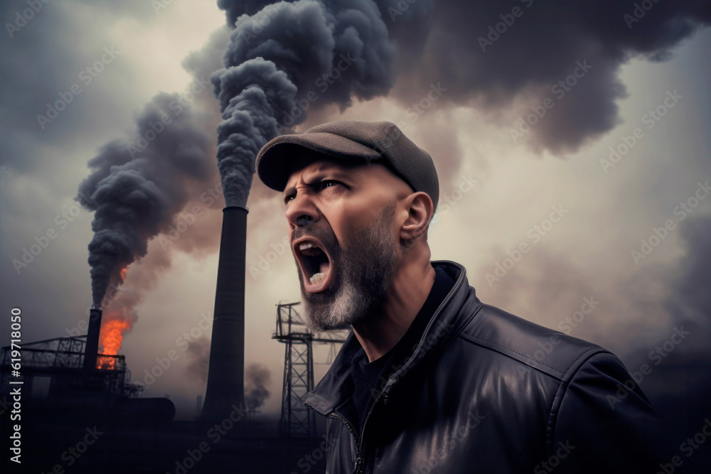 angry man in front of polluting factory Stock Photo | Adobe Stock