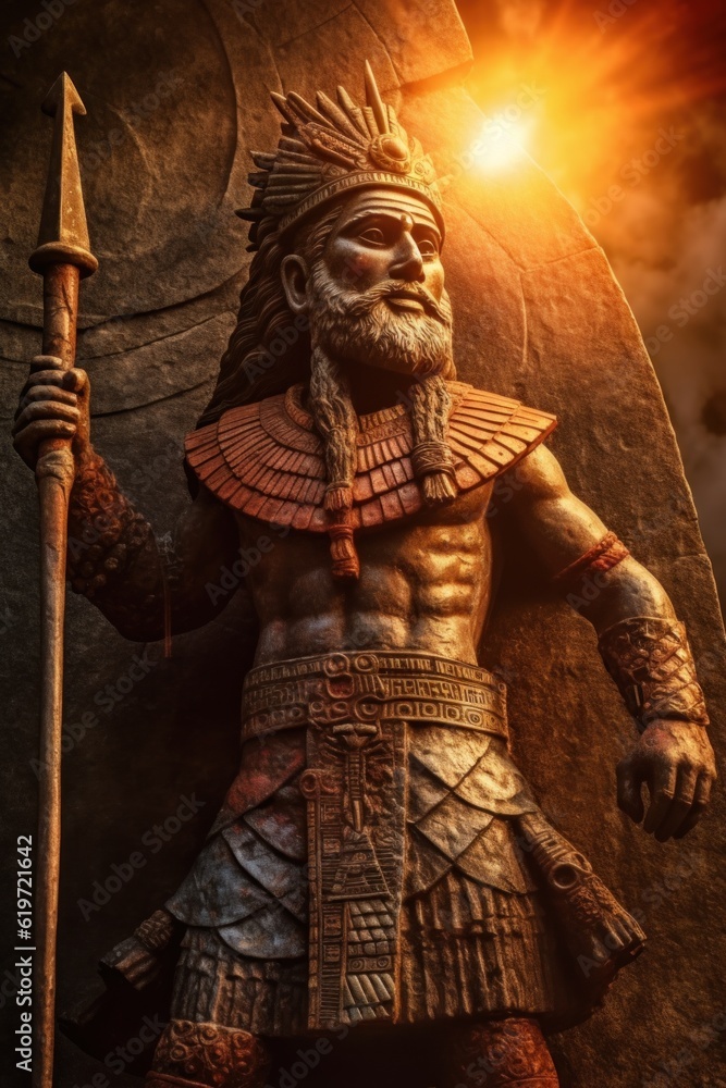 A statue of a Shamash the ancient Mesopotamian sun god, holding a staff ...