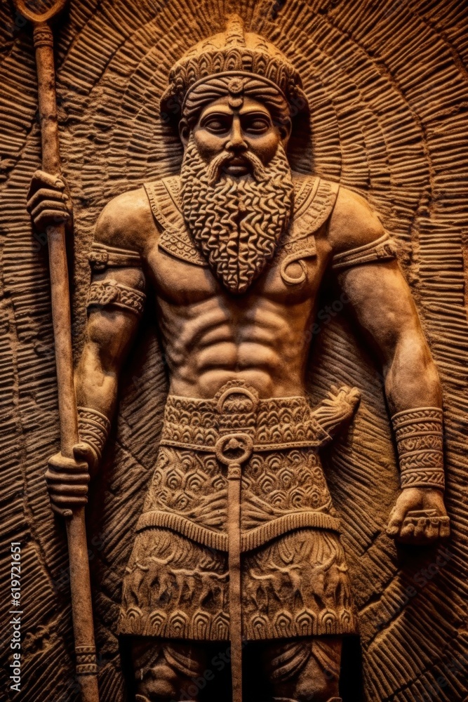 A statue of a Shamash the ancient Mesopotamian sun god, holding a staff ...