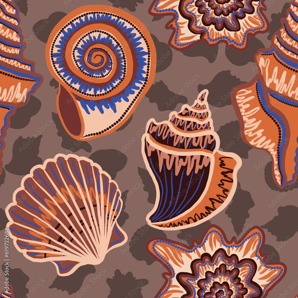 Seamless pattern with seashells and starfishes in pastel color palette ...
