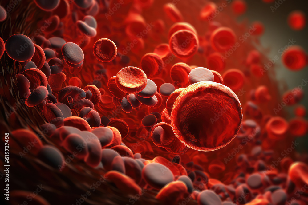 Flying Red round blood cells under microscope. Leukocytes defenders of ...