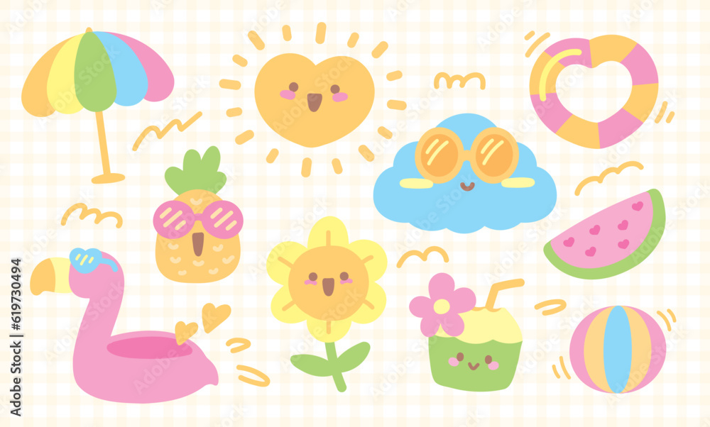 cute kawaii hand drawn graphic element vector set in summer theme for ...