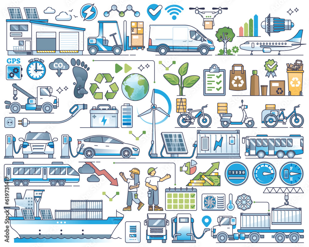 Green logistics and sustainable transportation outline collection set ...
