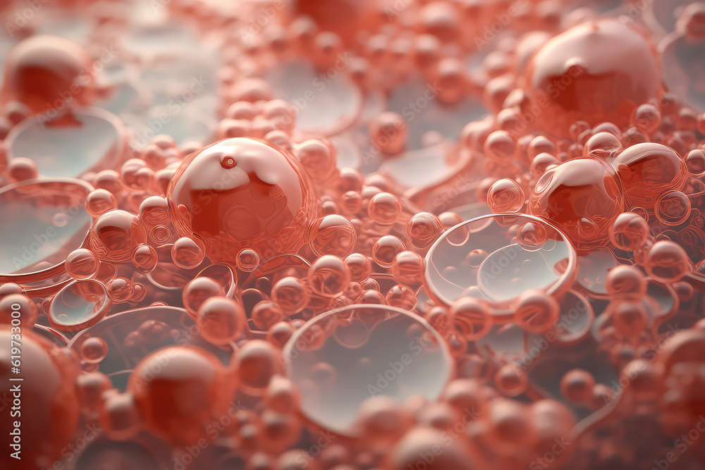 Beautiful body cells under the microscope in pink and blue. Close-up ...