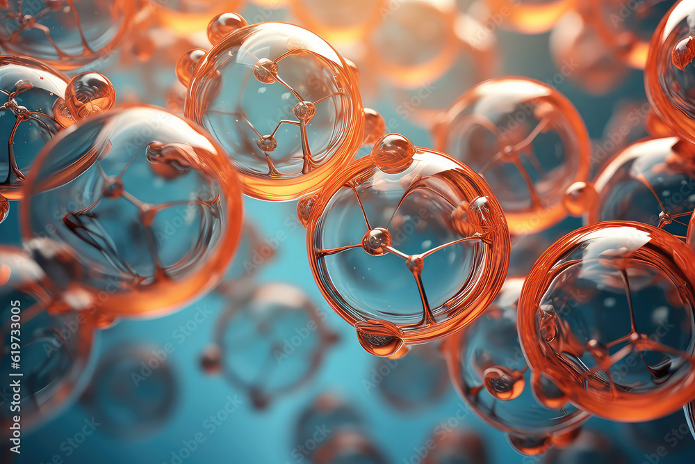 Beautiful body cells under the microscope in pink and blue. Close-up zoom of the molecules ...