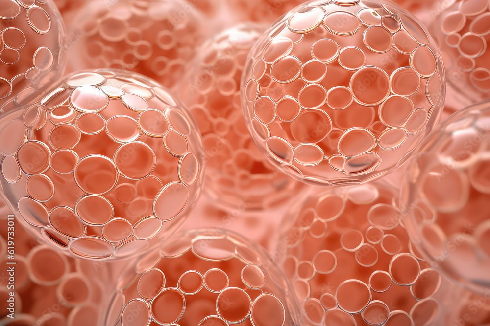 Beautiful body cells under the microscope in pink colors. Close-up zoom of the molecules. Round ...