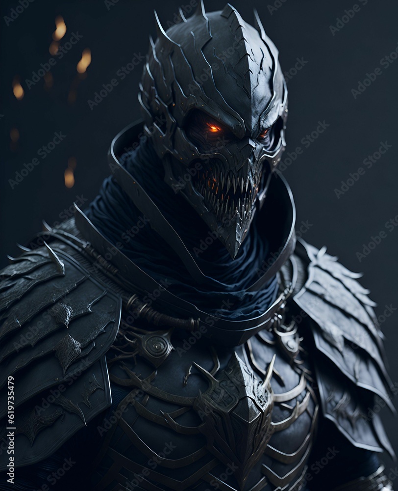AI generated illustration of a menacing figure dressed in a dark armor ...