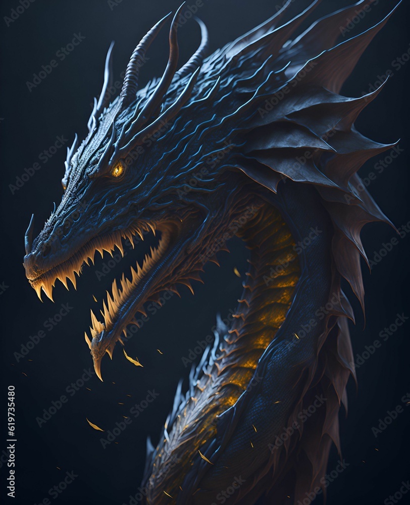 AI generated illustration of a large, blue dragon with bright yellow ...