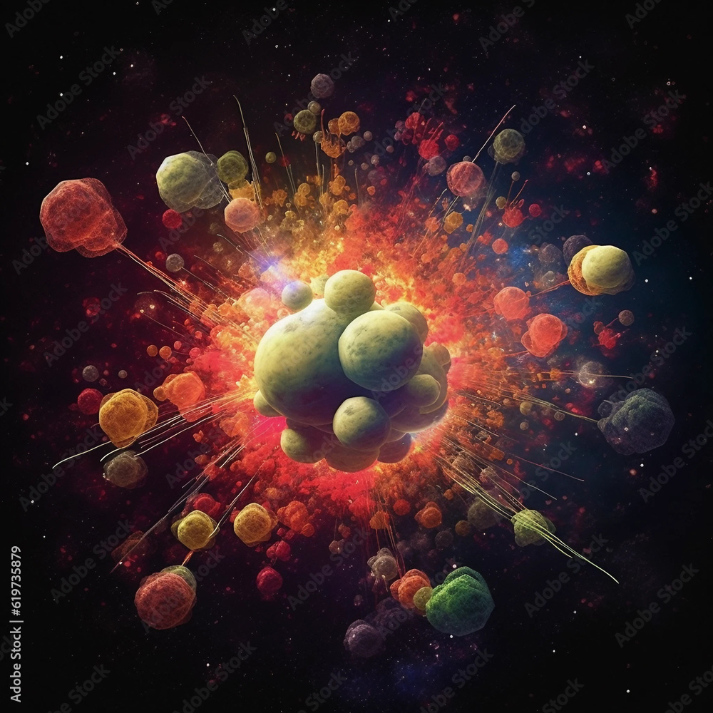 Atomic model in space or particle explosion with colorful particles ...