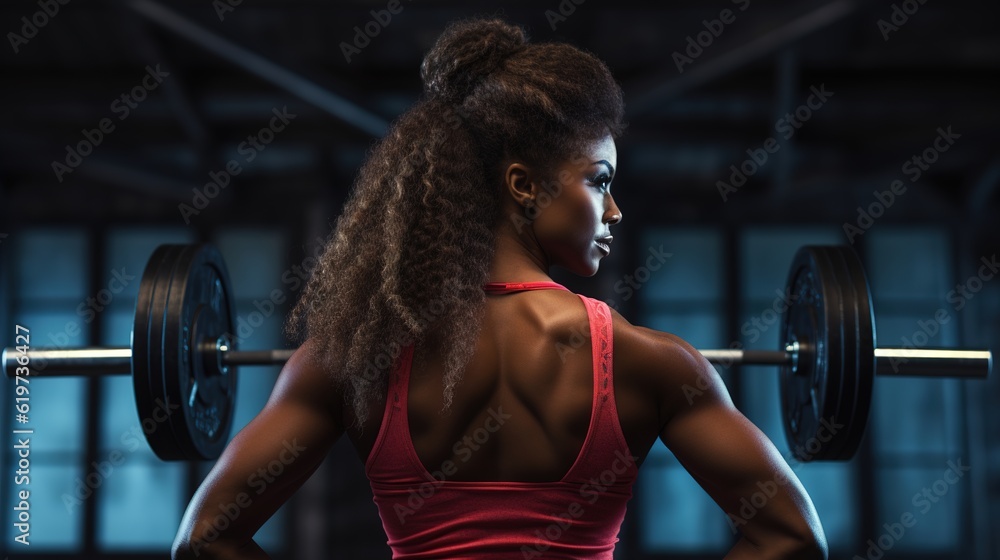 Black woman, back with weightlifting and fitness, barbell in gym and ...