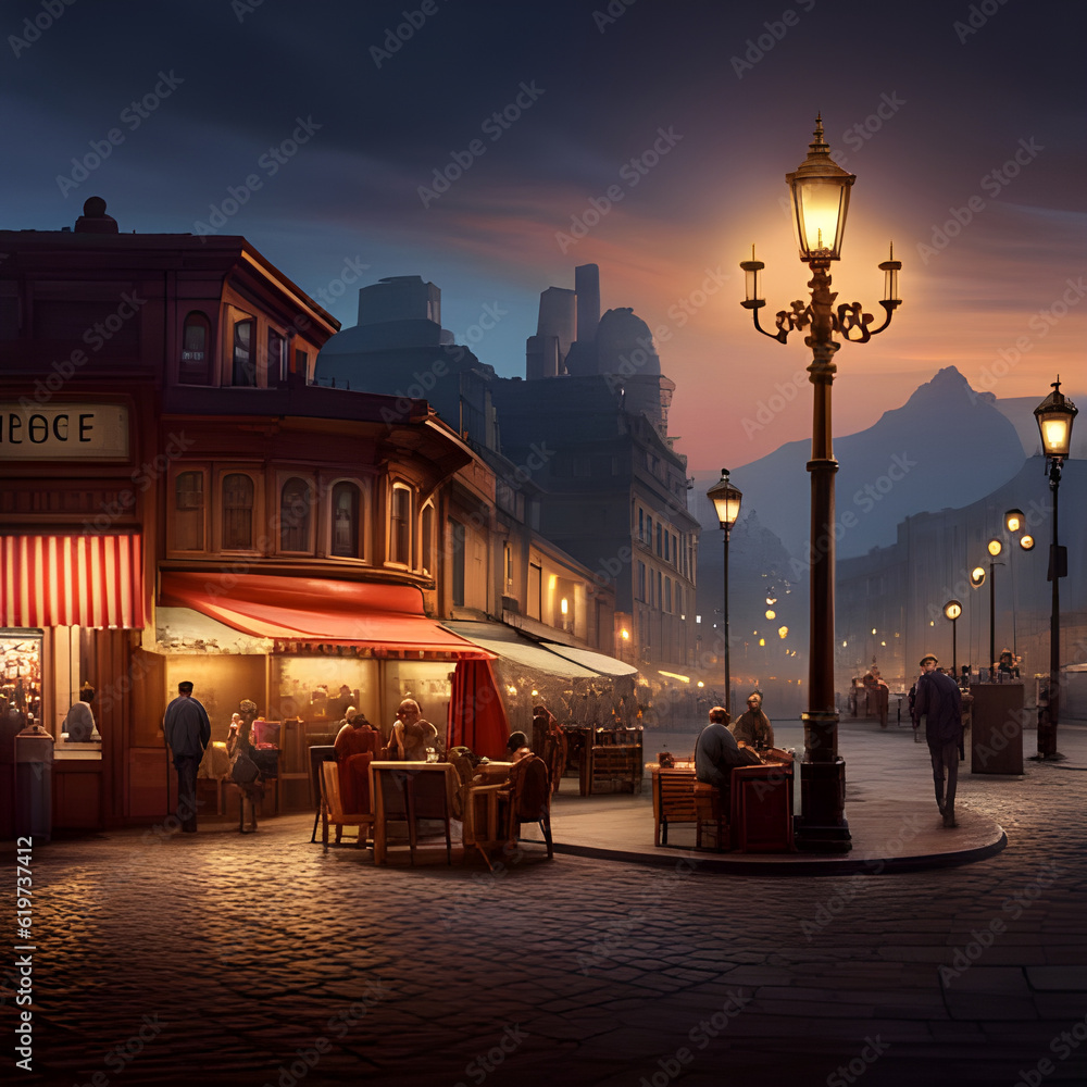 Cozy magical street café at night. Warm glow over patrons relaxing at ...