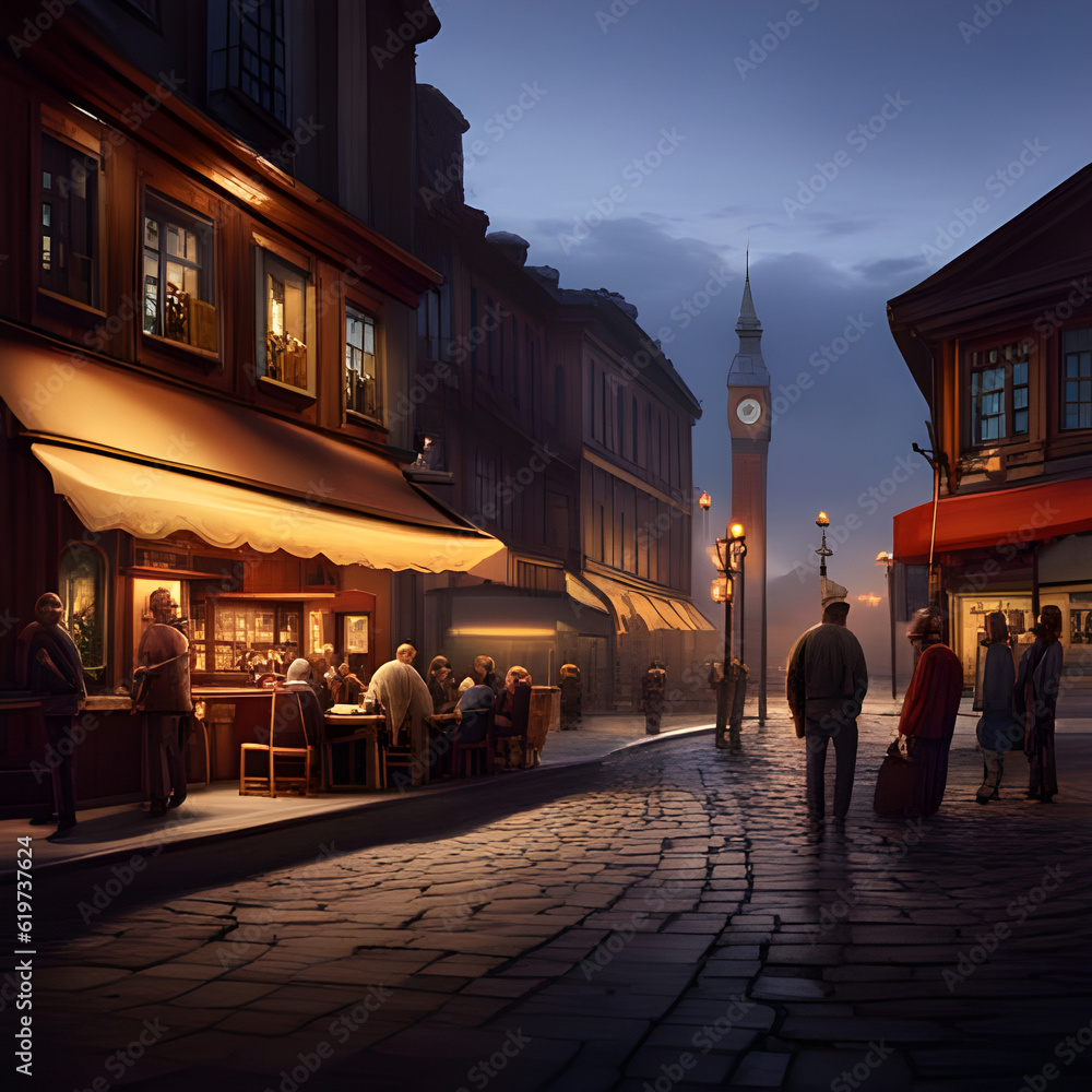Cozy magical street café at night. Warm glow over patrons relaxing at ...