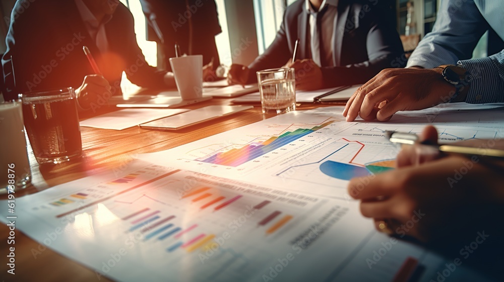 Data planning, research paper and teamwork hands of business man in meeting, graph analytics and ...