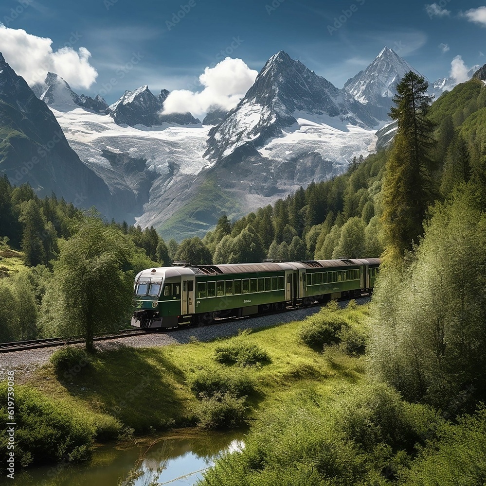 AI generated illustration of A railway train is seen traversing the scenic landscape Stock ...