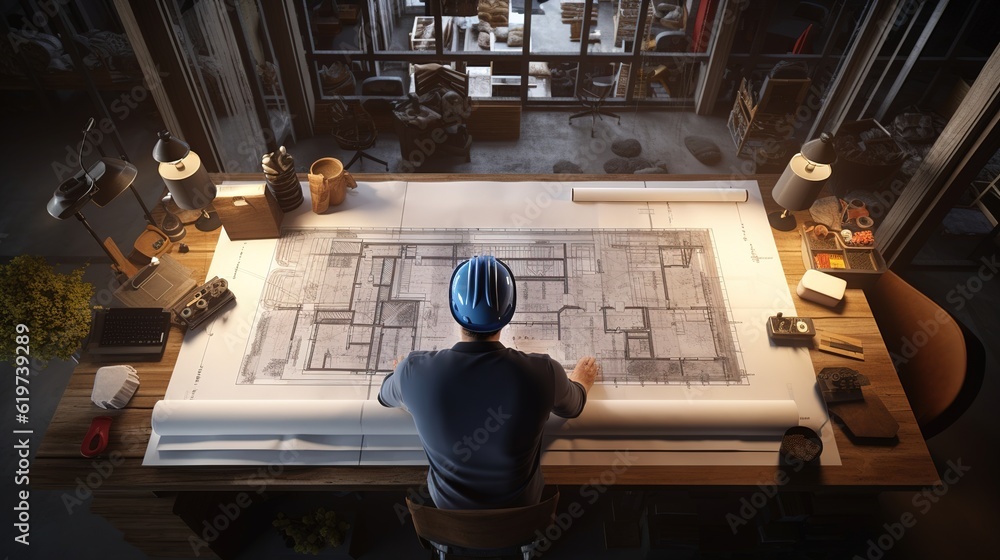 Engineering, building and aerial of construction worker with blueprint ...