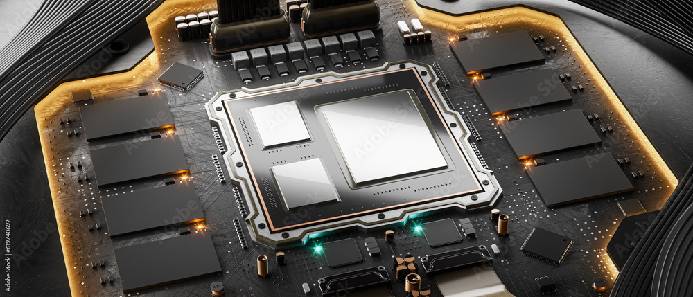 Black printboard with processor and memory chips surrounded by orange ...