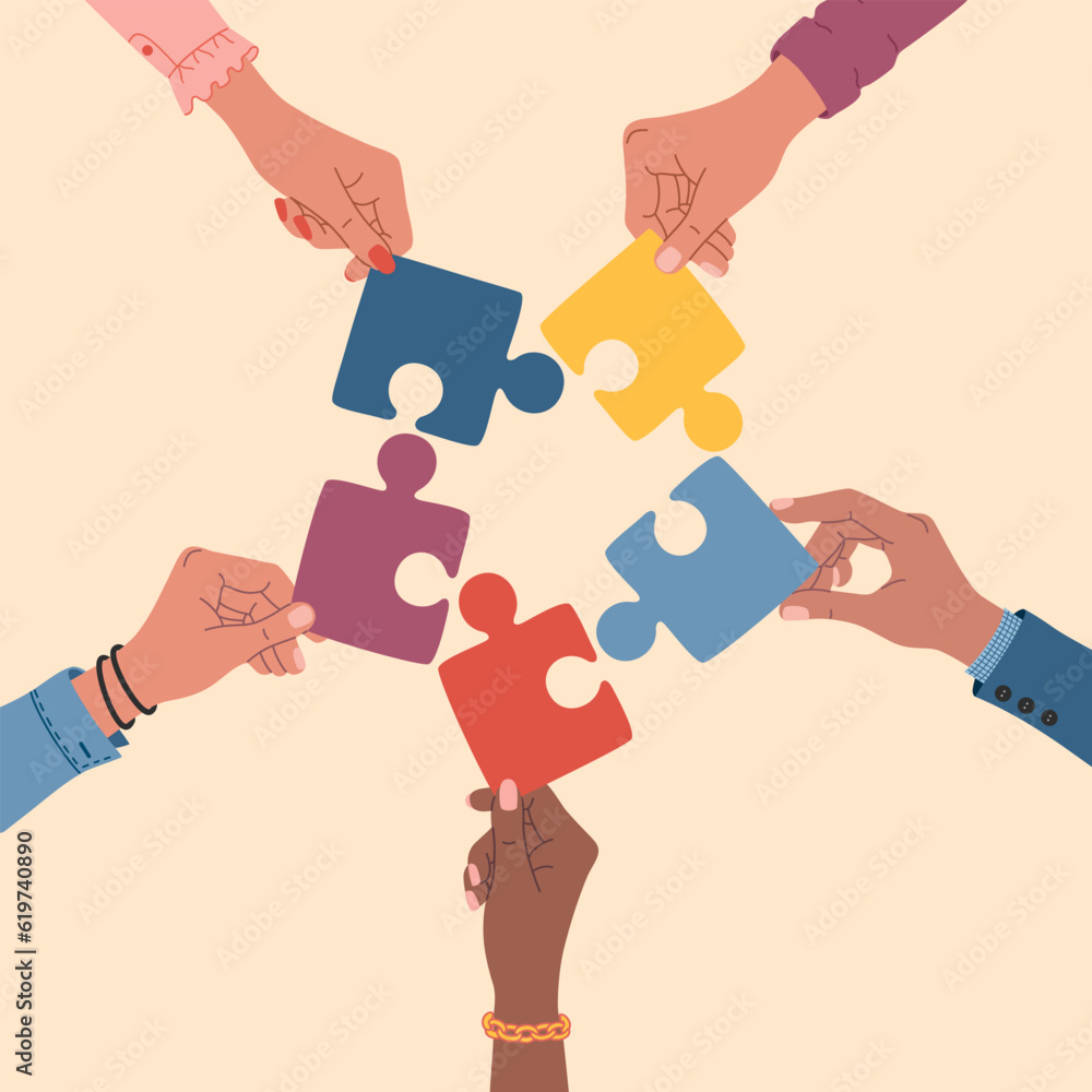 Grafika wektorowa Stock: Diverse hands holds a pieces of puzzle ...