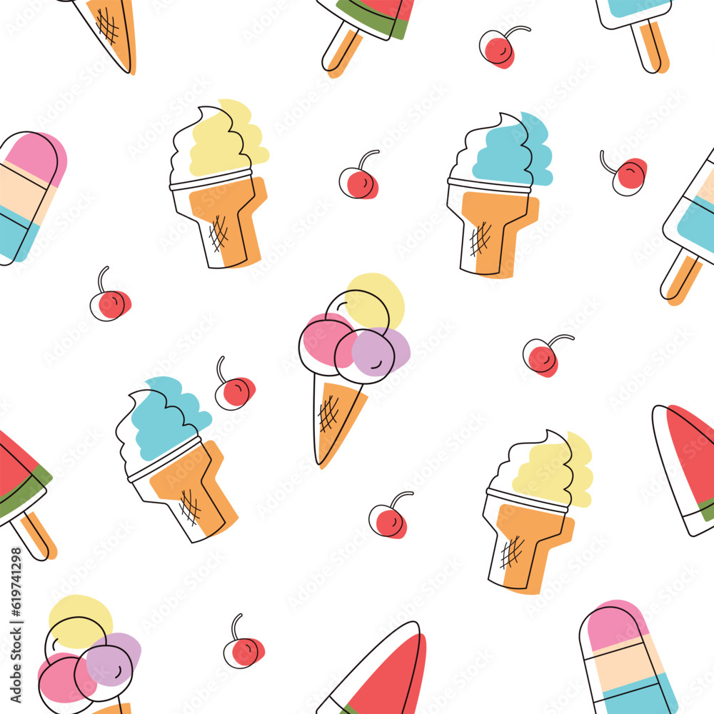 Ice cream seamless pattern in line art.Vector illustration cartoon flat ...