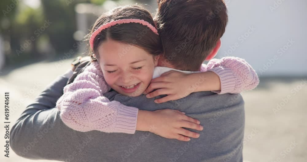 Father, girl and running for hug after school in street outdoor ...