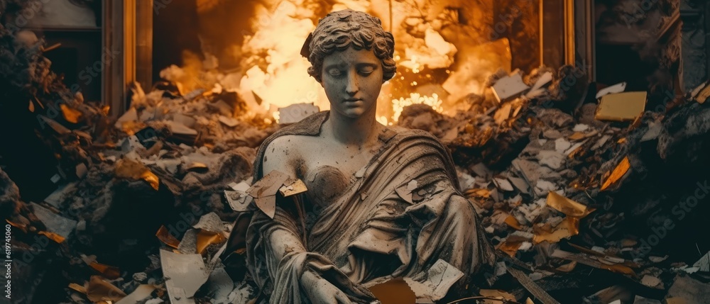 Sad emotional scene of a neoclassical French marble statue broken in a ...
