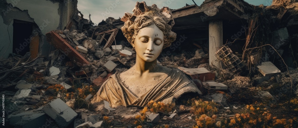 Sad emotional scene of a neoclassical French marble statue broken in a ...