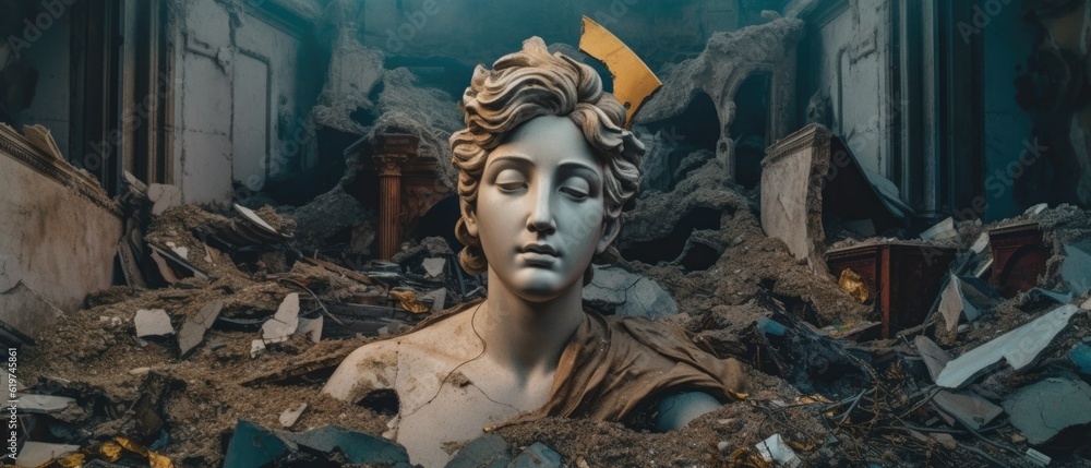Sad emotional scene of a neoclassical French marble statue broken in a ...