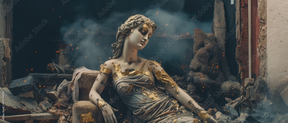 Sad emotional scene of a neoclassical French marble statue broken in a ...
