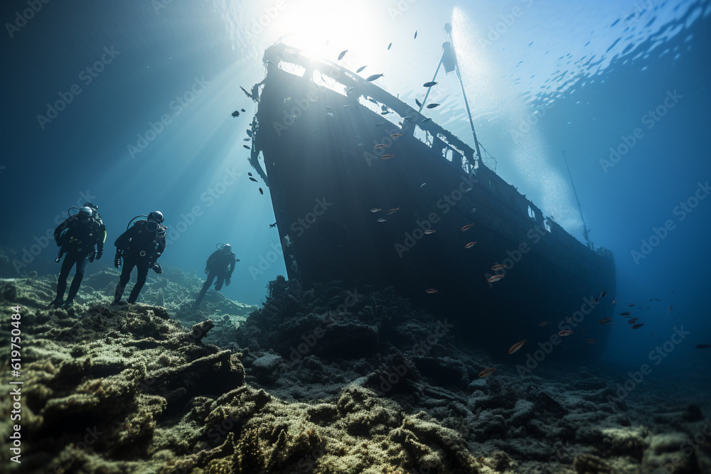 divers exploring shipwrecks and encountering marine life, highlighting ...