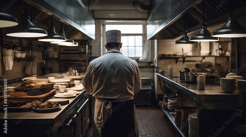 Chef back view is cooking on the kitchen in the restoraunt. Generative ...