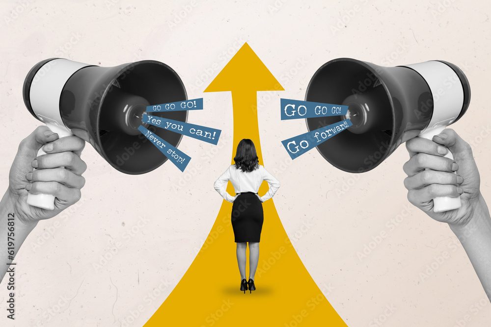 Creative collage picture of black white colors arms hold loudspeaker ...