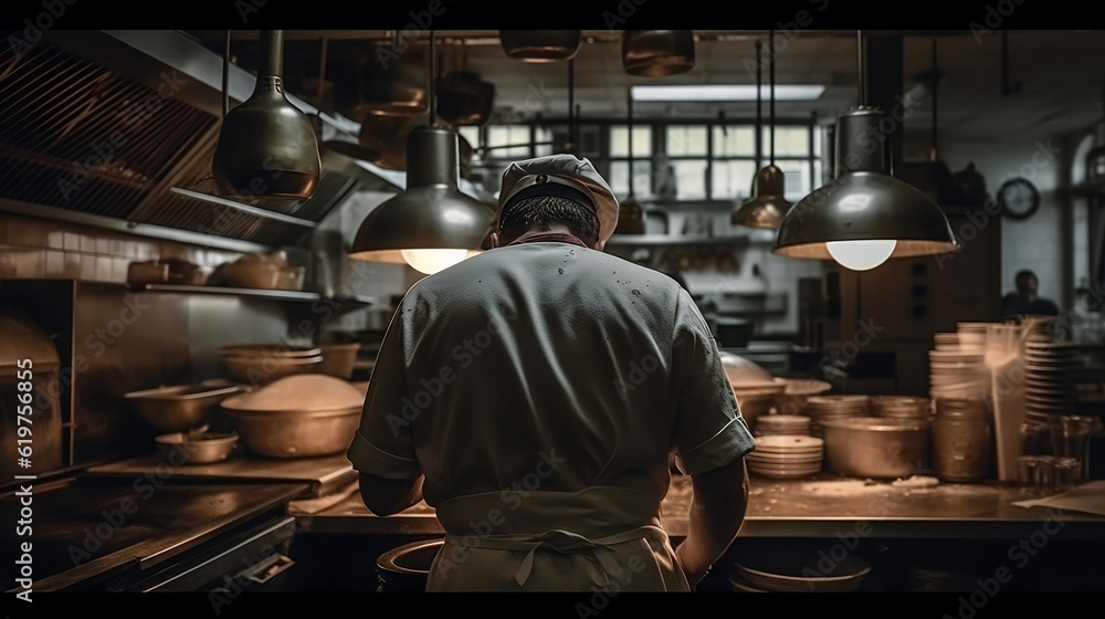 Chef back view is cooking on the kitchen in the restoraunt. Generative ...