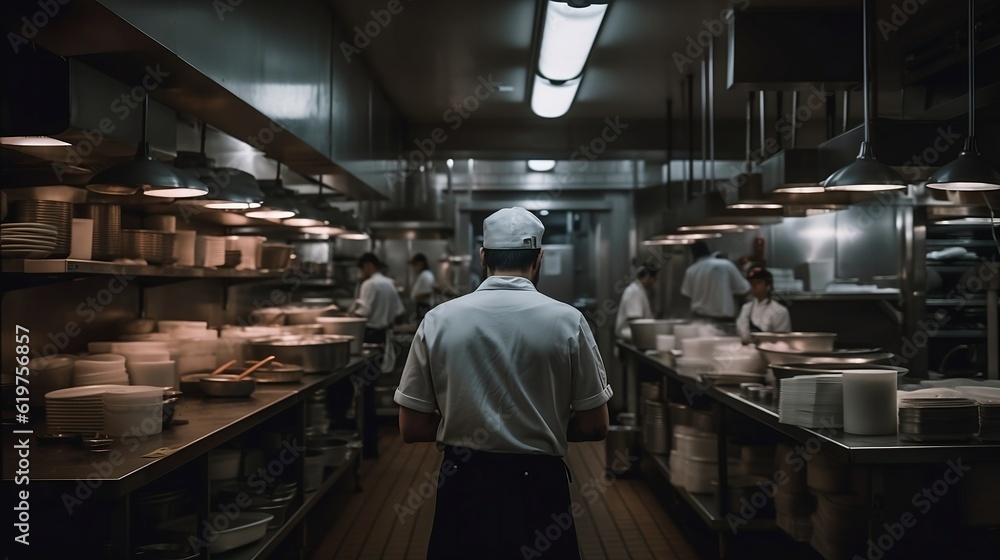 Chef back view is cooking on the kitchen in the restoraunt. Generative ...