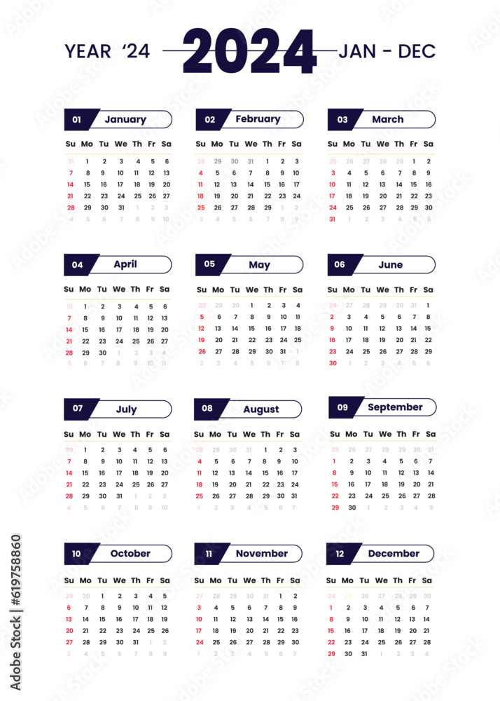 Calendar 2024 template simple minimal calendar, Vector planner 2024 ...