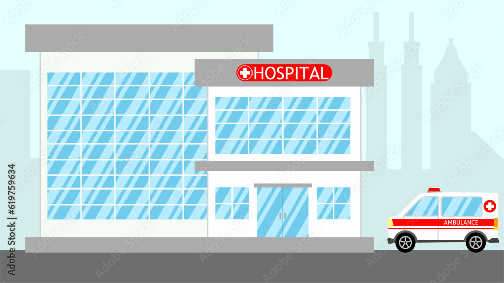 Hospital landscape vector illustration. Medical hospital building with ...