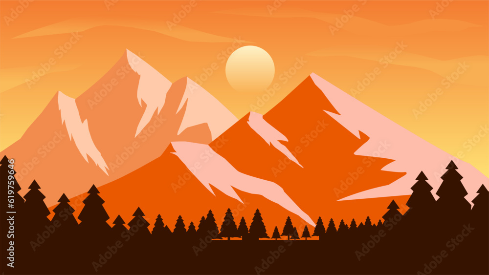 Mountain landscape vector illustration. Mountain peak view with pine ...