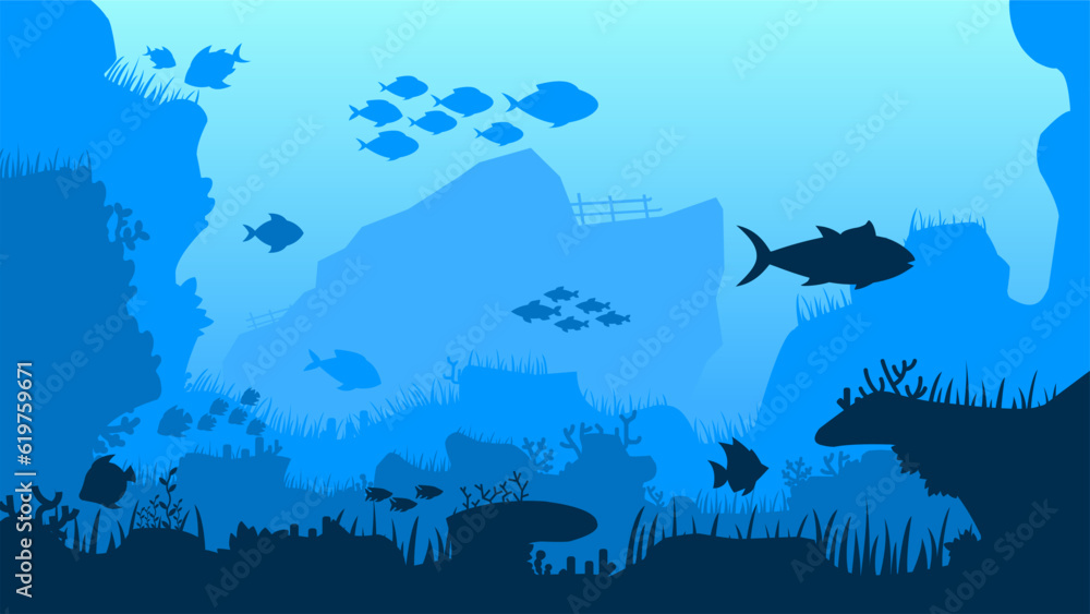 Underwater landscape vector illustration. Deep sea landscape with fish ...
