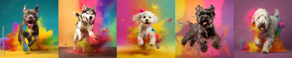 A cheerful playful dogs jumps up among the colors of Holi, banner with ...