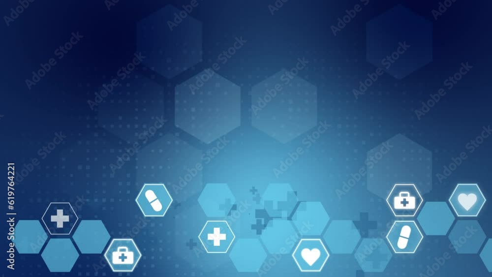 Healthcare animation with medical icons and hexagon grid. Glowing ...
