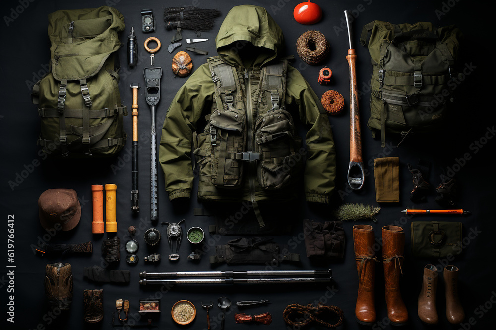 a collection of hunting gear, such as rifles, camouflage clothing, and ...