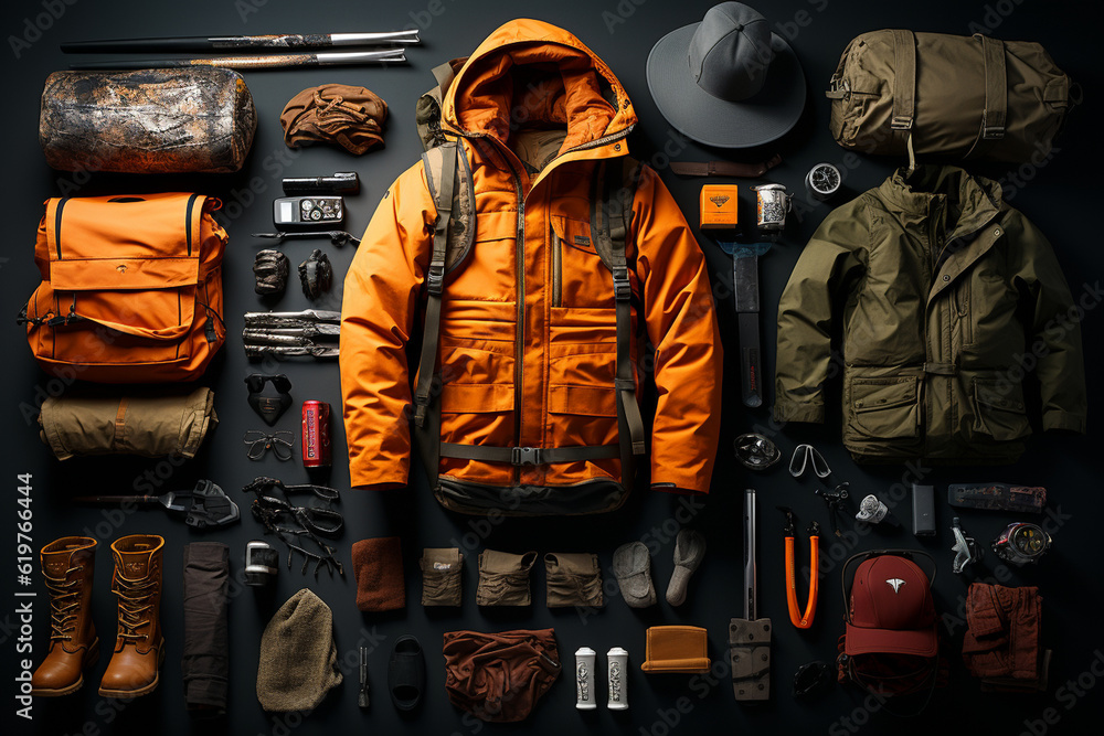 a collection of hunting gear, such as rifles, camouflage clothing, and ...