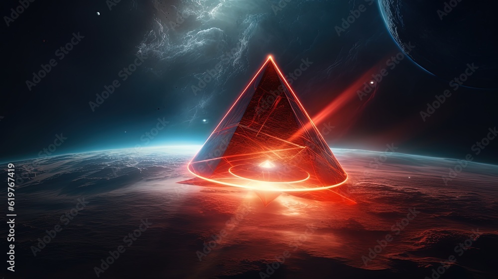Glowing red pyramid on a surface of a planet. Triangular object ...