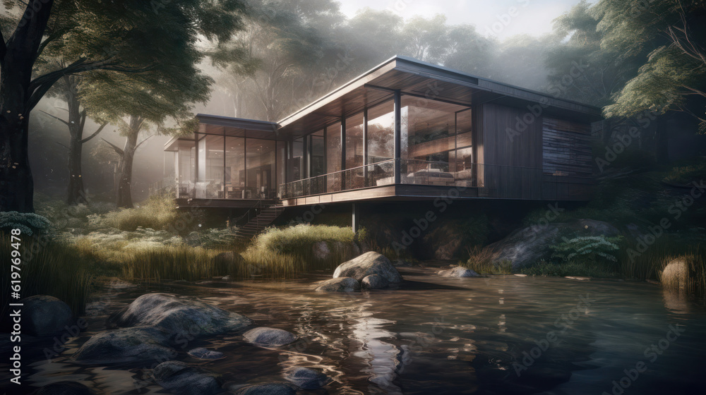 A house in nature by a river Stock Illustration | Adobe Stock