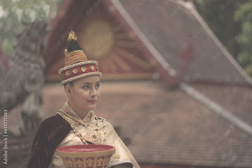 Beautiful Laos girl dressed in ancient luxury national traditional Laos ...