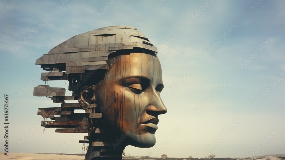 Expressive junkyard scrap metal panel sculpture, effigy of a gigantic ...