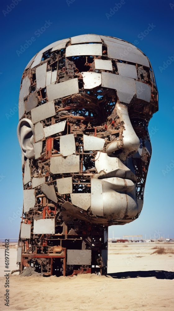 Expressive junkyard scrap metal panel sculpture, effigy of a gigantic ...