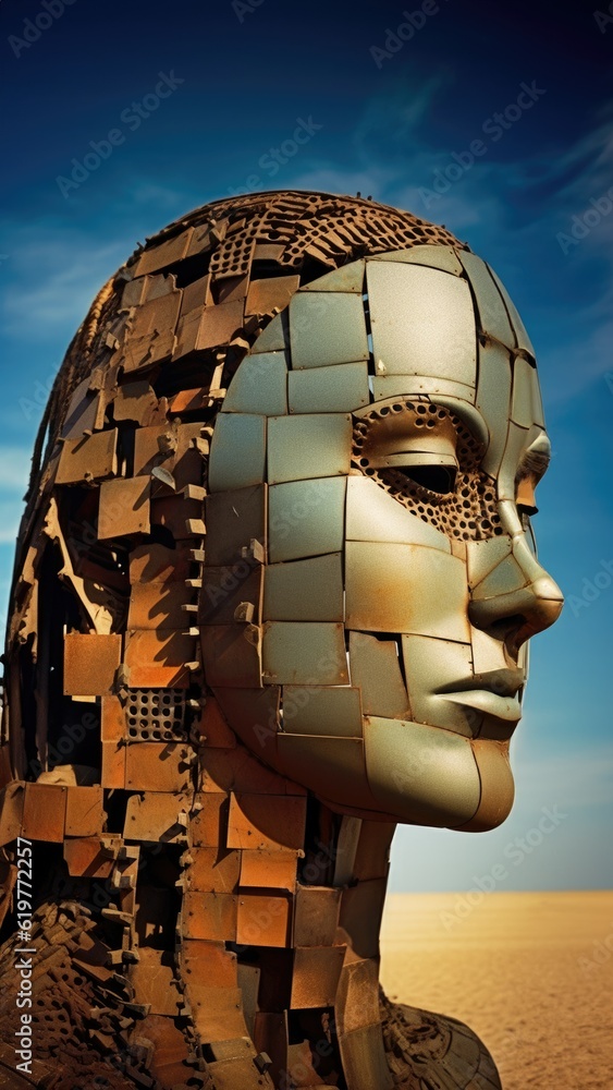 Expressive junkyard scrap metal panel sculpture, effigy of a gigantic ...