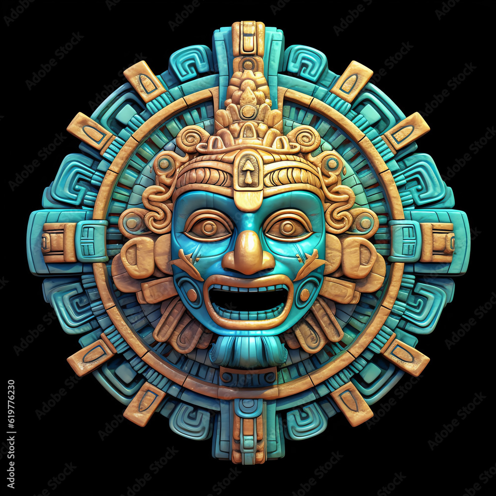 A gold Inca Mayan Aztec god head metal emblem. 3D style artifact metal ...