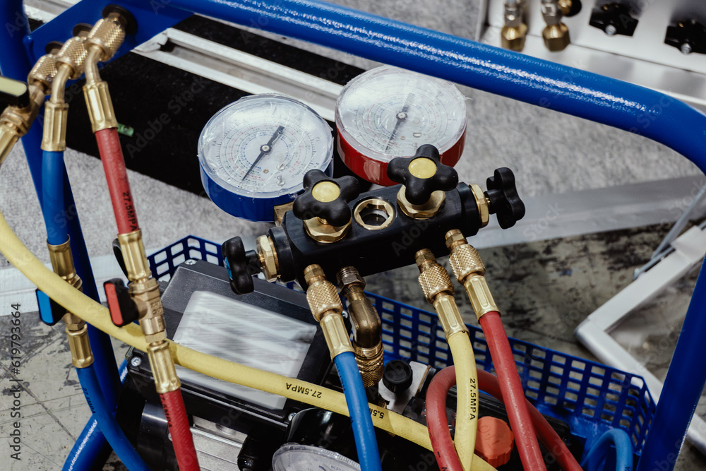 Manometric manifold. The hoses are connected to pressure gauges. Stock ...
