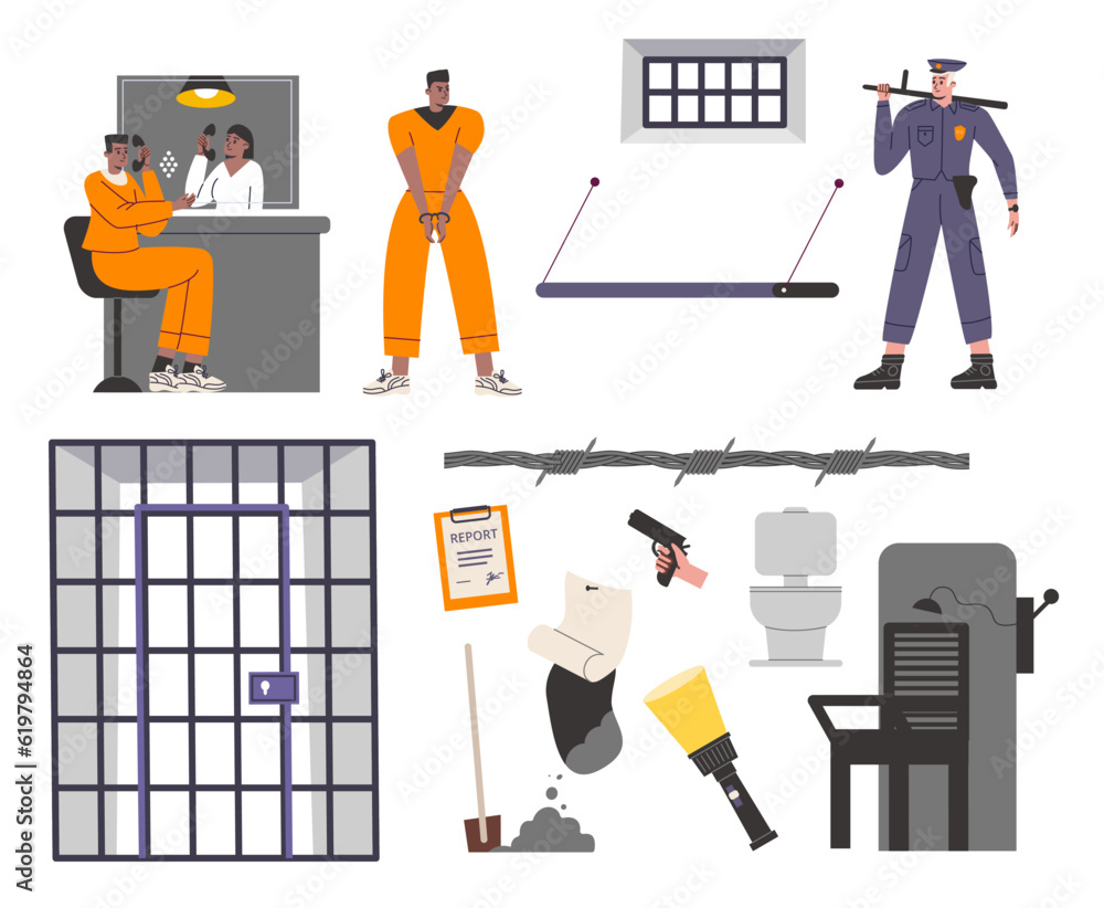 Prison elements. Cartoon prisoners in overalls and handcuffed. Cell ...